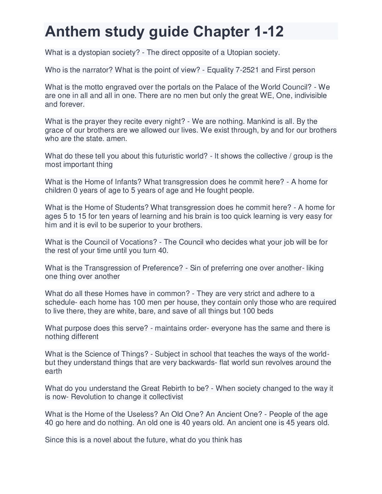 Anthem study guide Chapter 1-12 - Scholarfriends