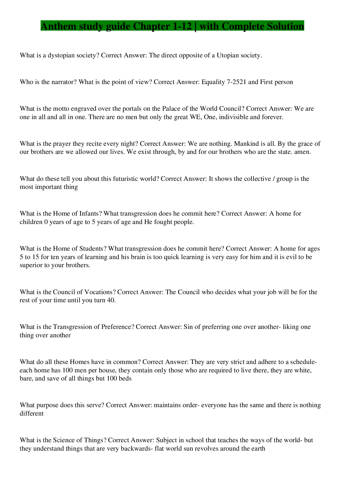 Anthem Study guide ,Question and 100% Correct Answers - Scholarfriends