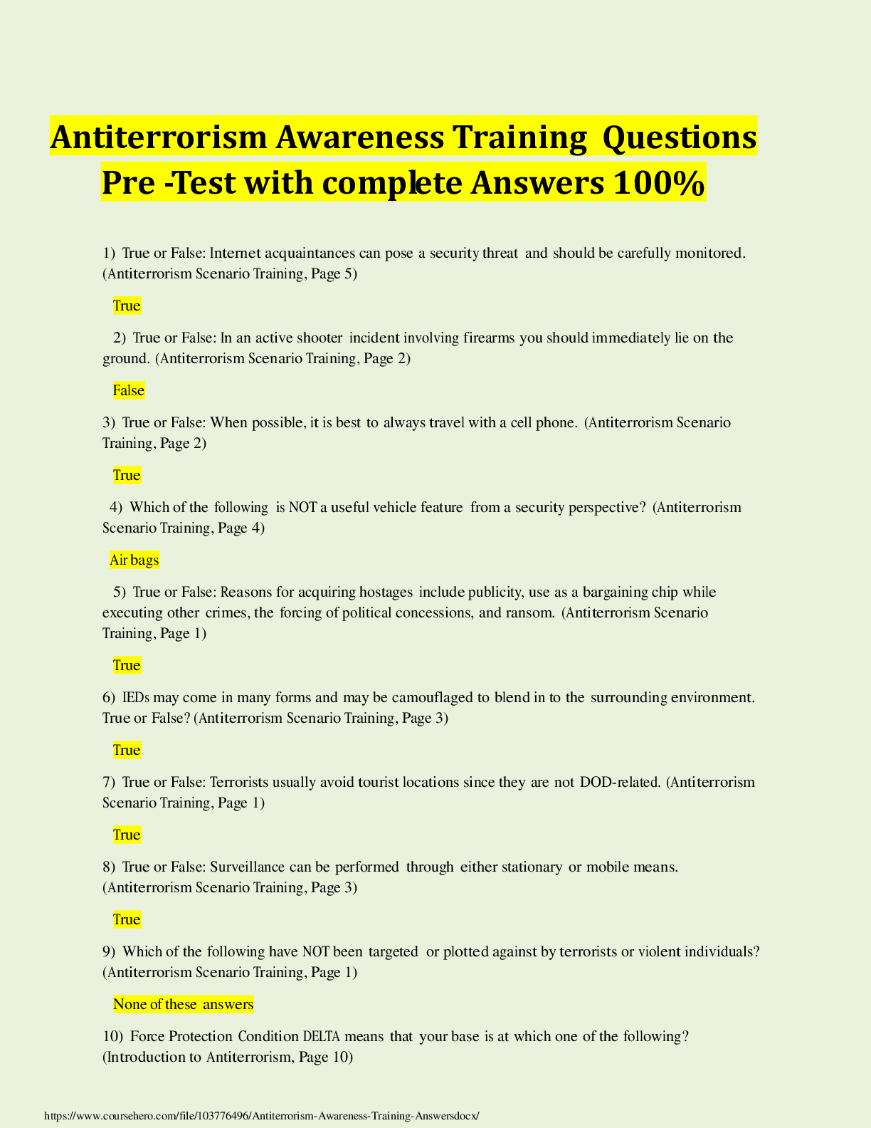 Antiterrorism Awareness Training Questions Pre -Test with complete ...