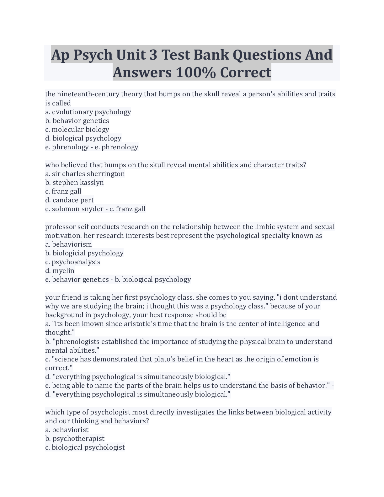 Ap Psych Unit 3 Test Bank Questions And Answers 100% Correct ...