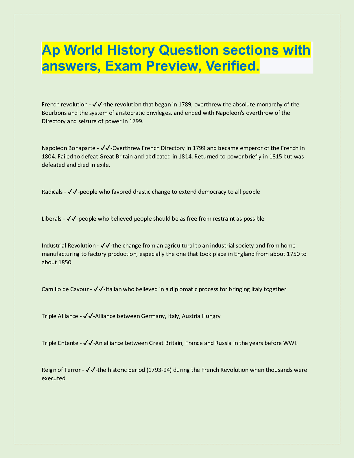 Ap World History Question sections with answers, Exam Preview, Verified ...