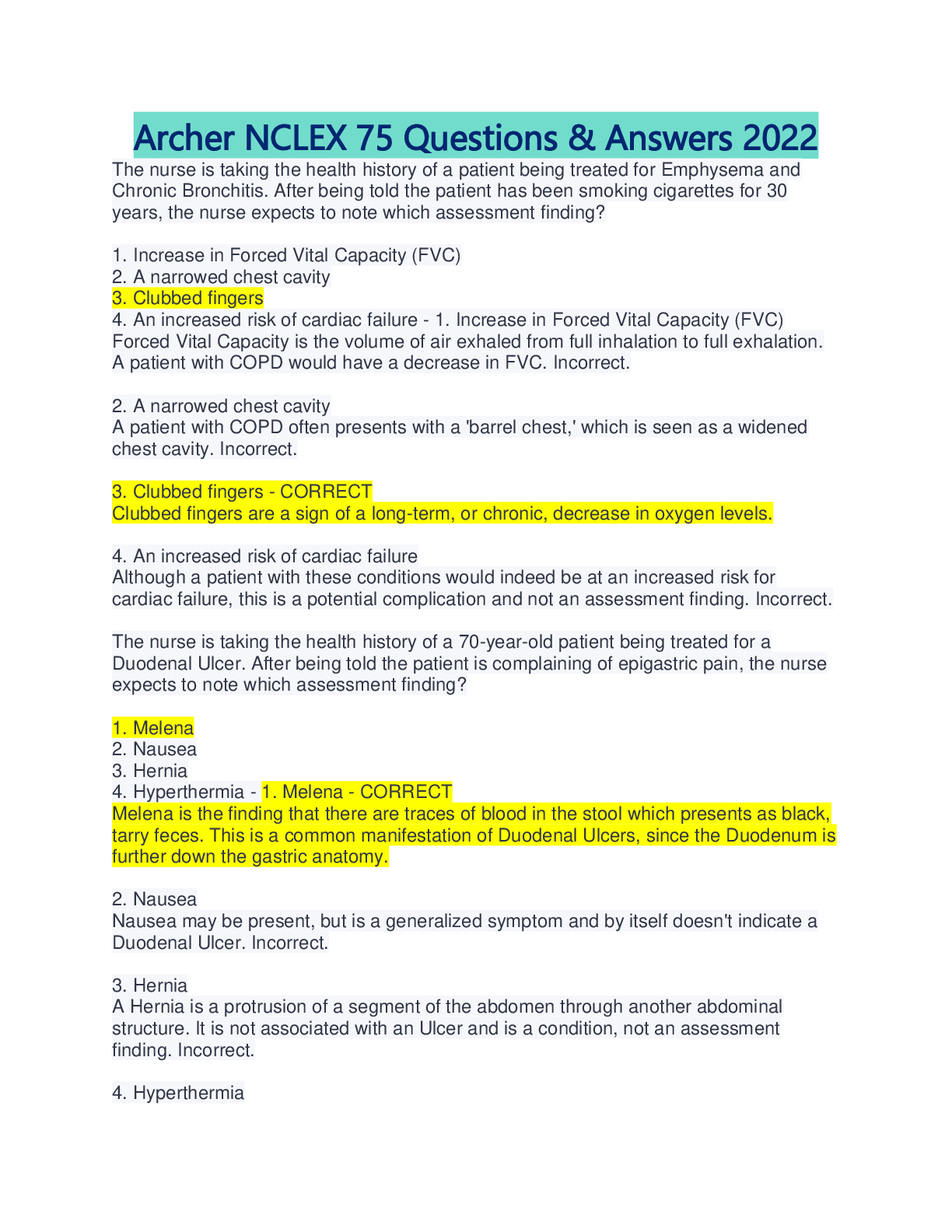 Archer NCLEX 75 questions (answered/rationales) summer 2022 ...