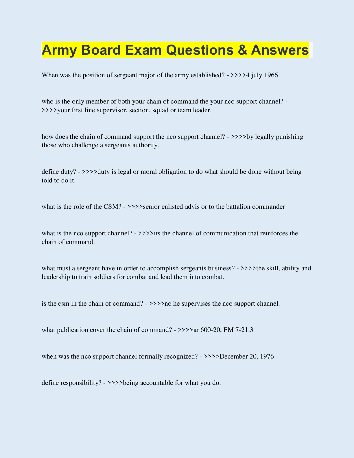 Army Board Exam Questions & Answers | 260 Questions with 100% Correct ...