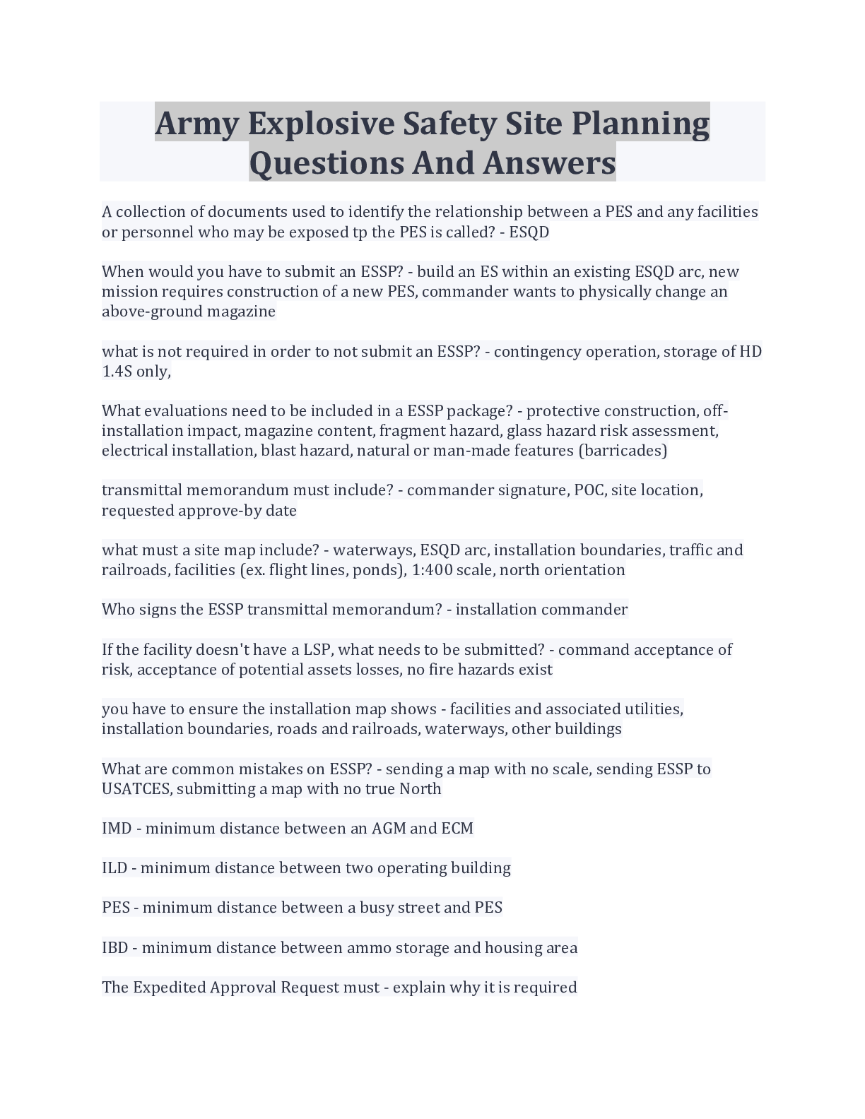 Army Explosive Safety Site Planning Questions And Answers - Scholarfriends