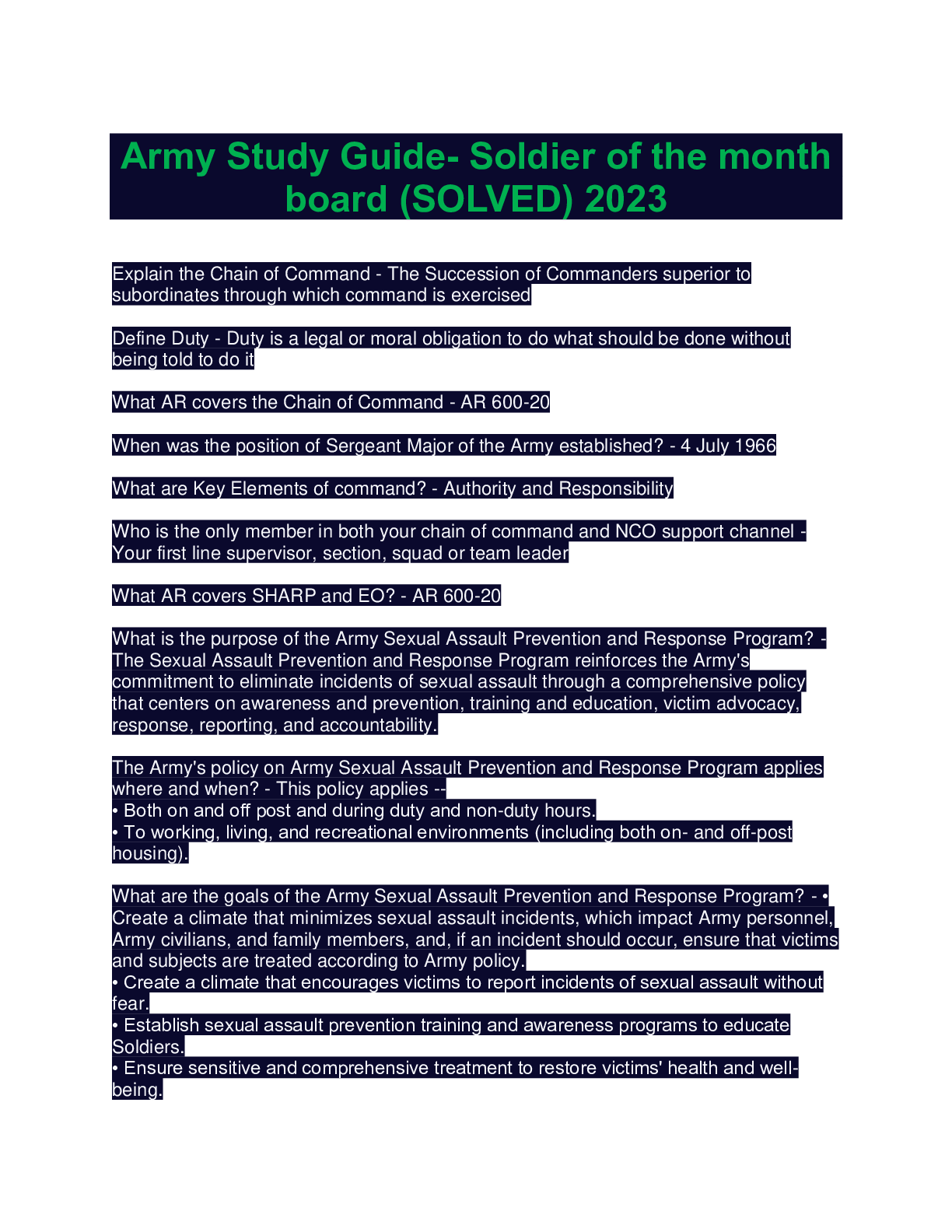 Army Study Guide- Soldier of the month board | 100% Correct Answers ...