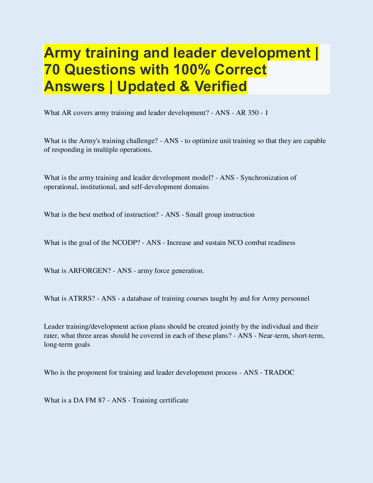 Army training and leader development | 70 Questions with 100% Correct ...