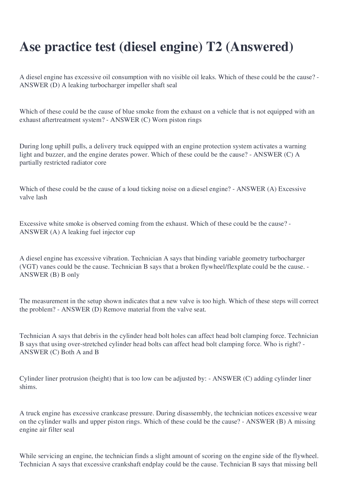 Ase practice test (diesel engine) T2 (Answered) - Scholarfriends
