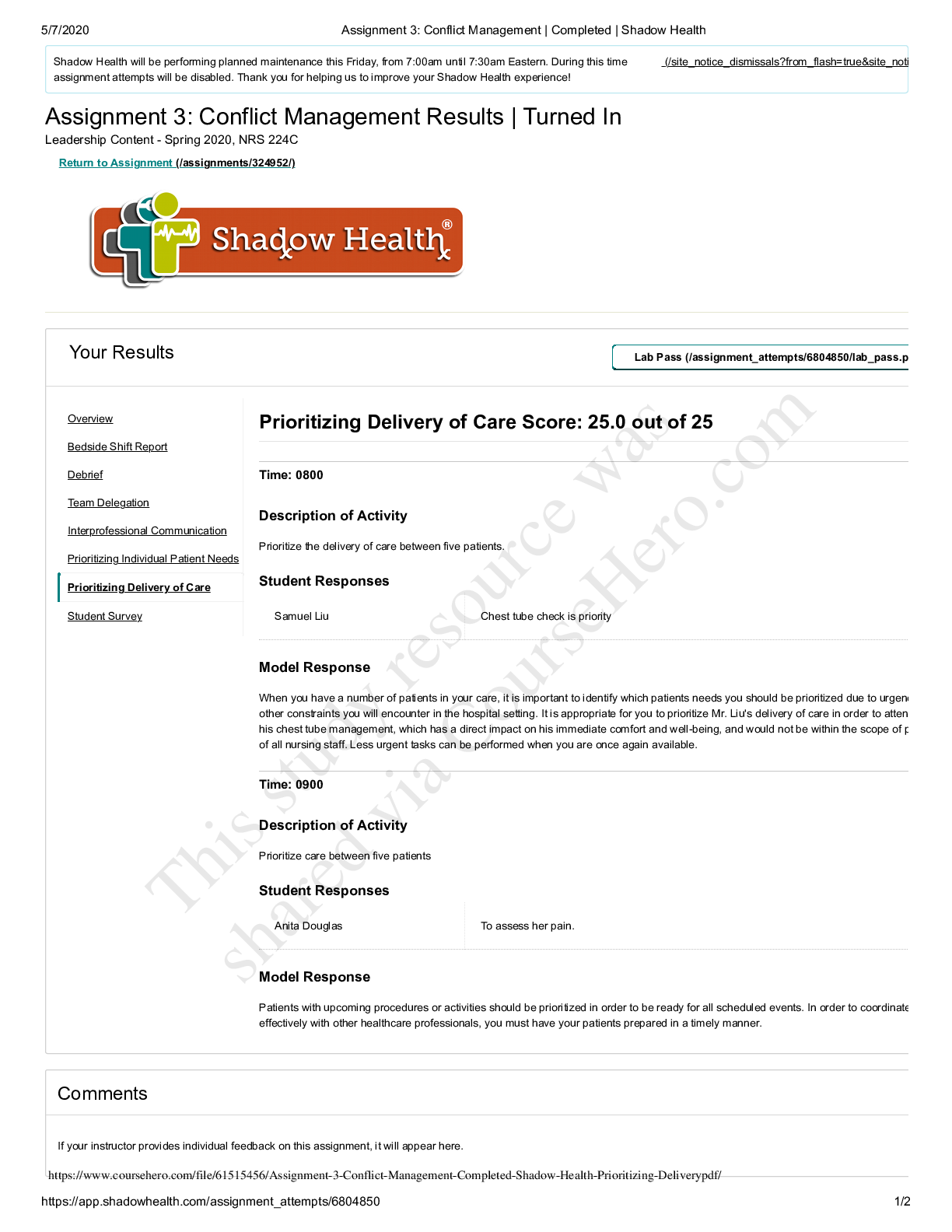 Assignment 3 Conflict Management Completed Shadow Health Prioritizing ...