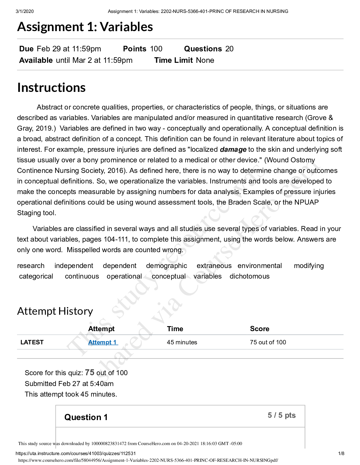 NURS 5366 ASSIGNMENT 1 VARIABLES LATEST (RATED A+) - Scholarfriends