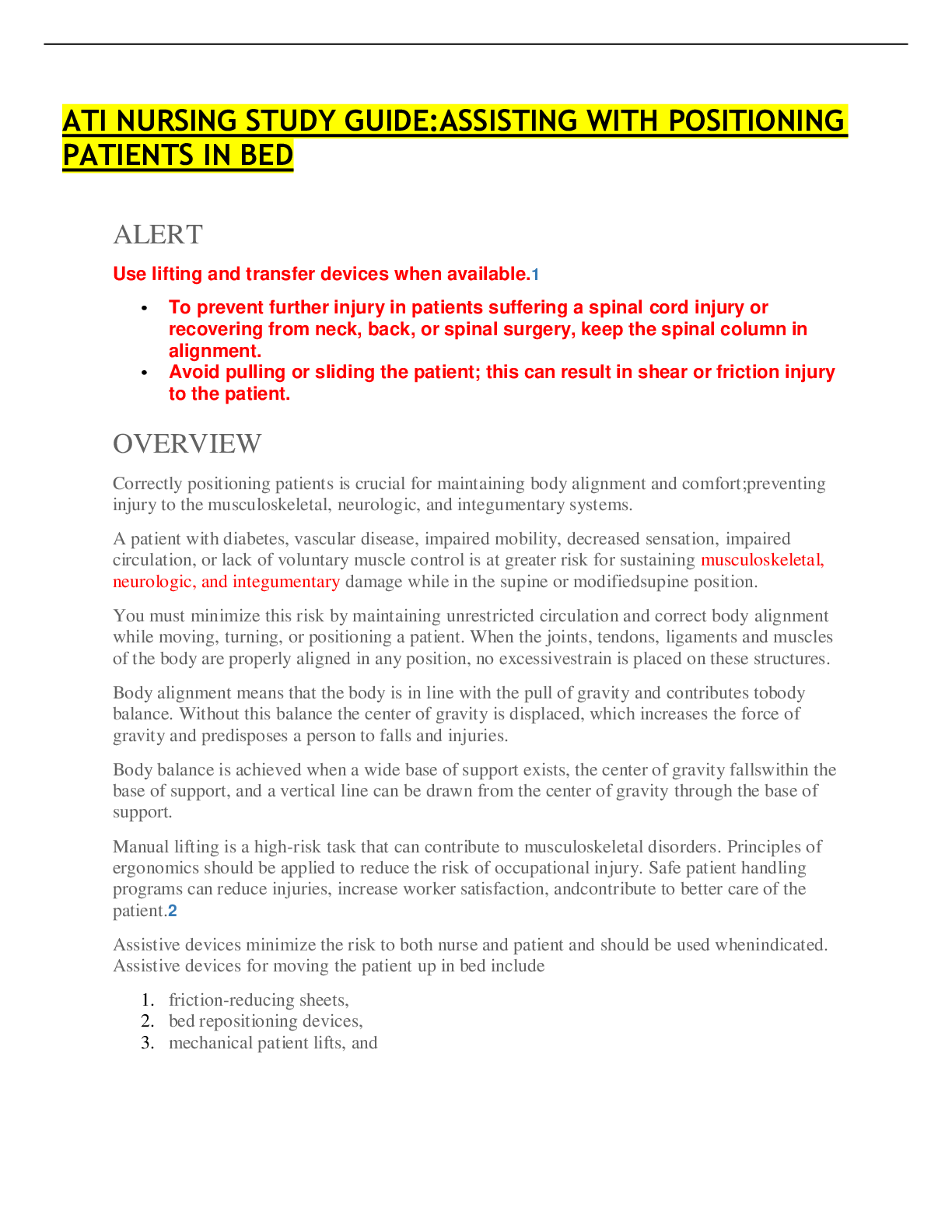 ATI NURSING STUDY GUIDE:ASSISTING WITH POSITIONING PATIENTS IN BED ...