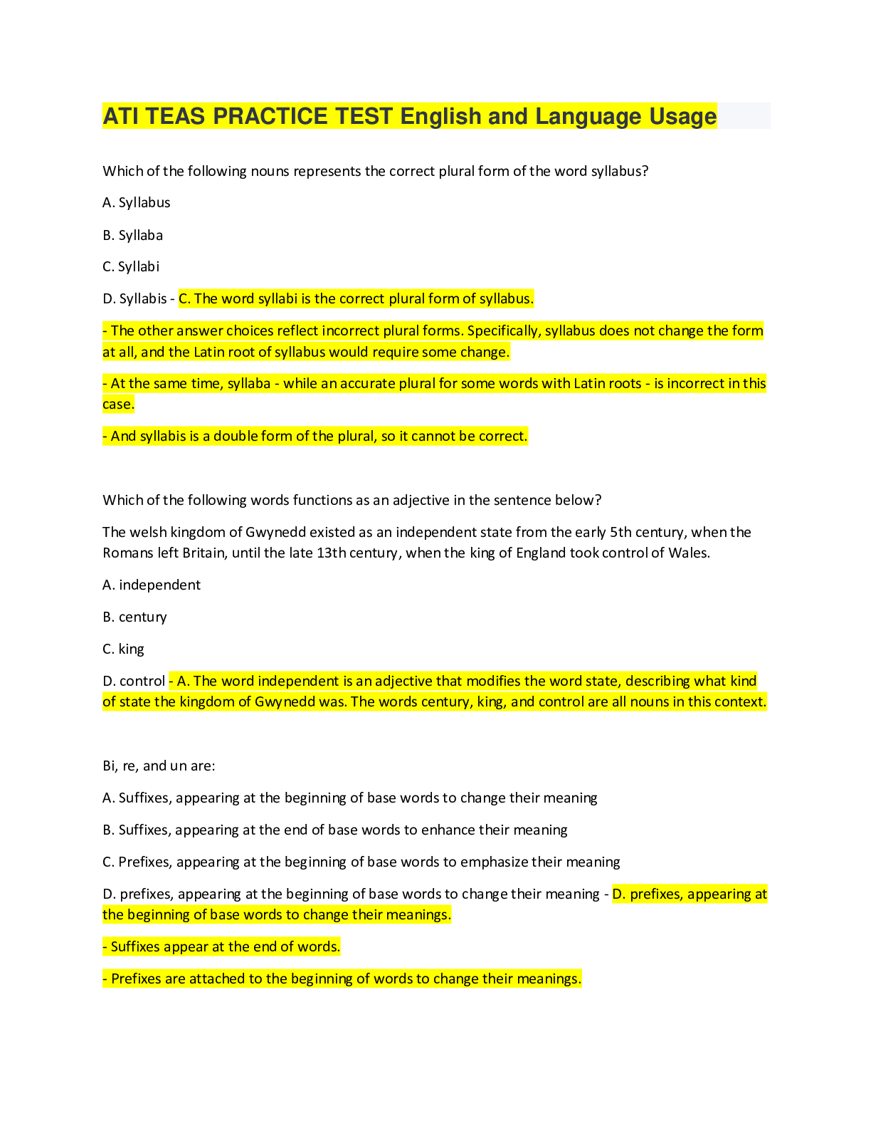 ATI TEAS PRACTICE TEST English and Language Usage, 34 pages of concise ...