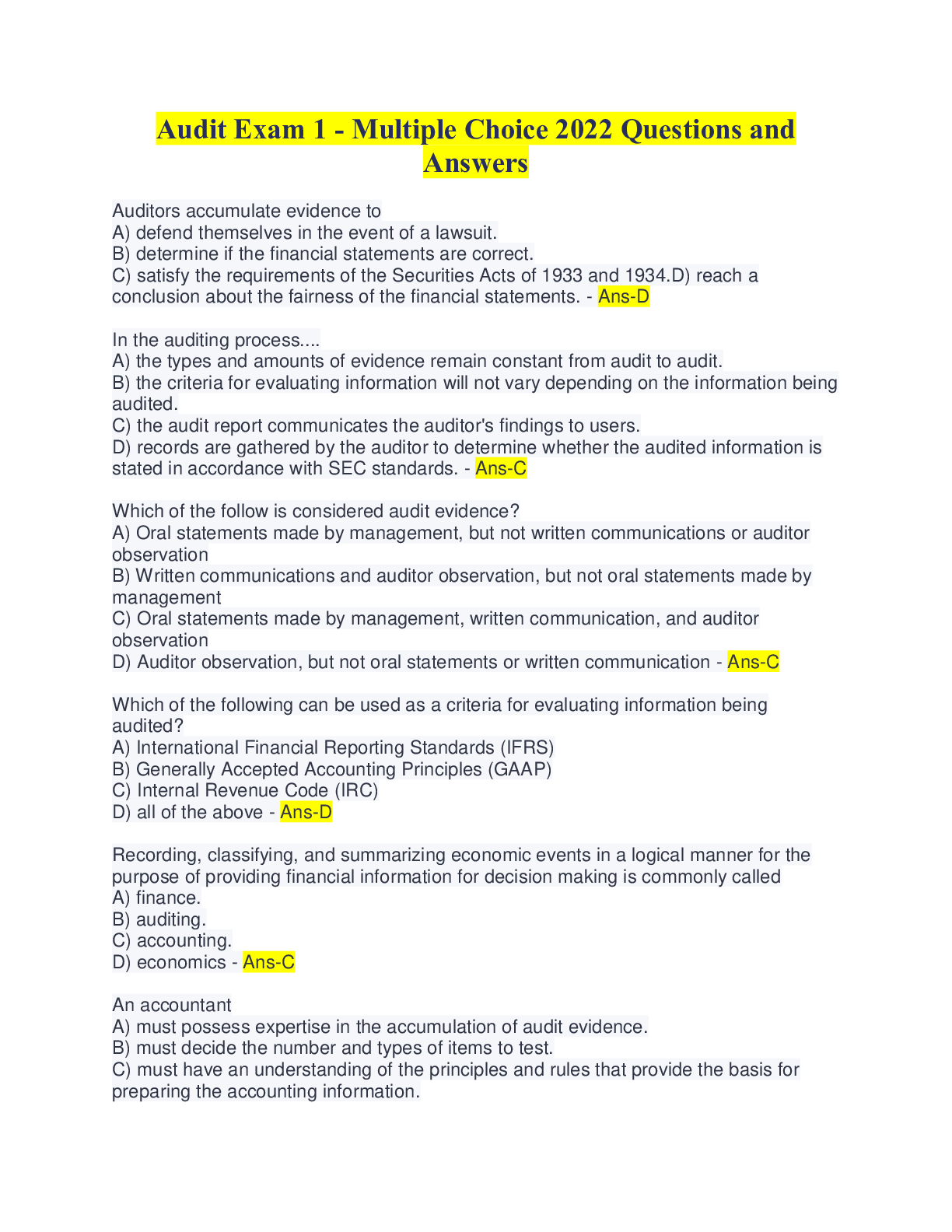 Audit Exam 1 - Multiple Choice 2022 Questions and Answers - Scholarfriends