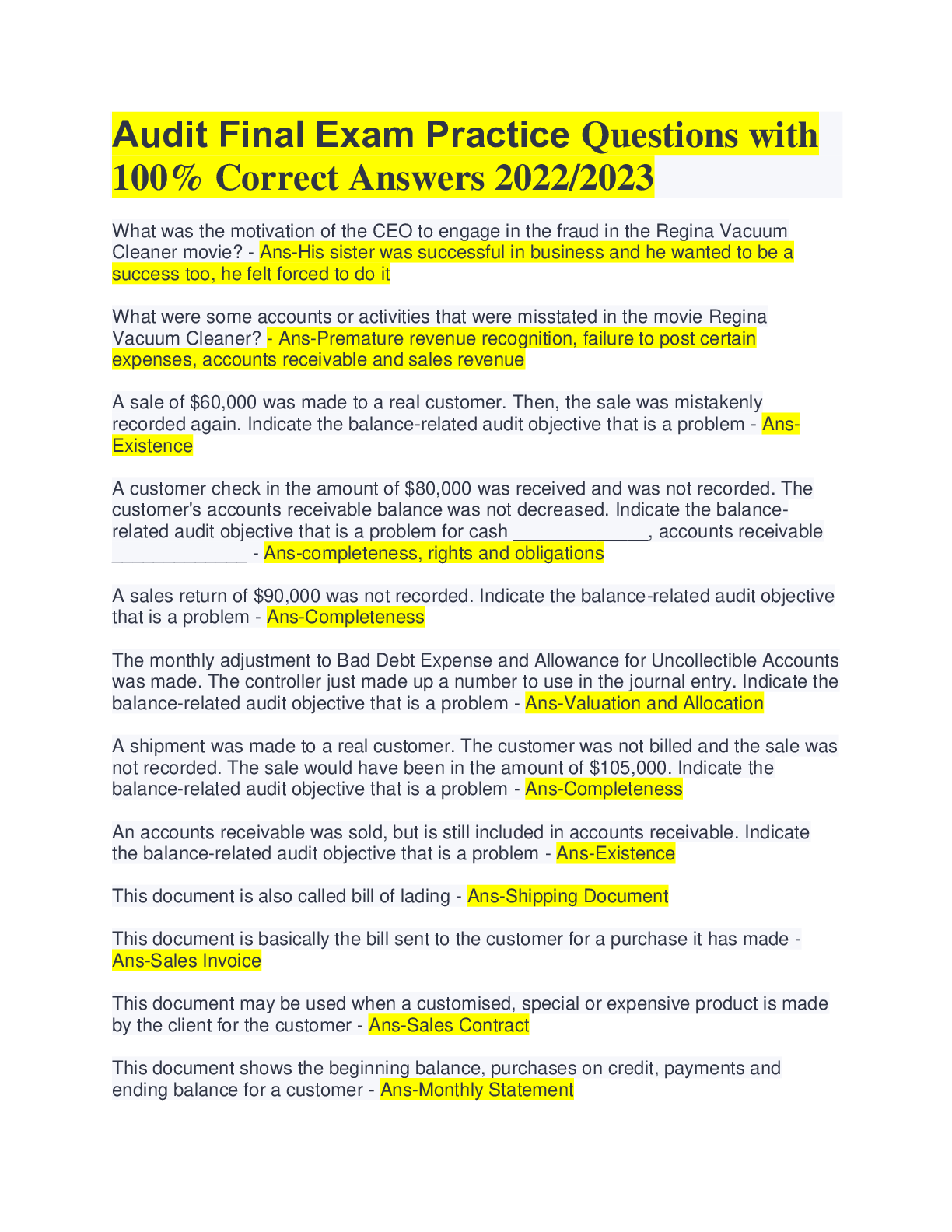 Audit Final Exam Practice Questions with 100% Correct Answers 2022/2023 ...