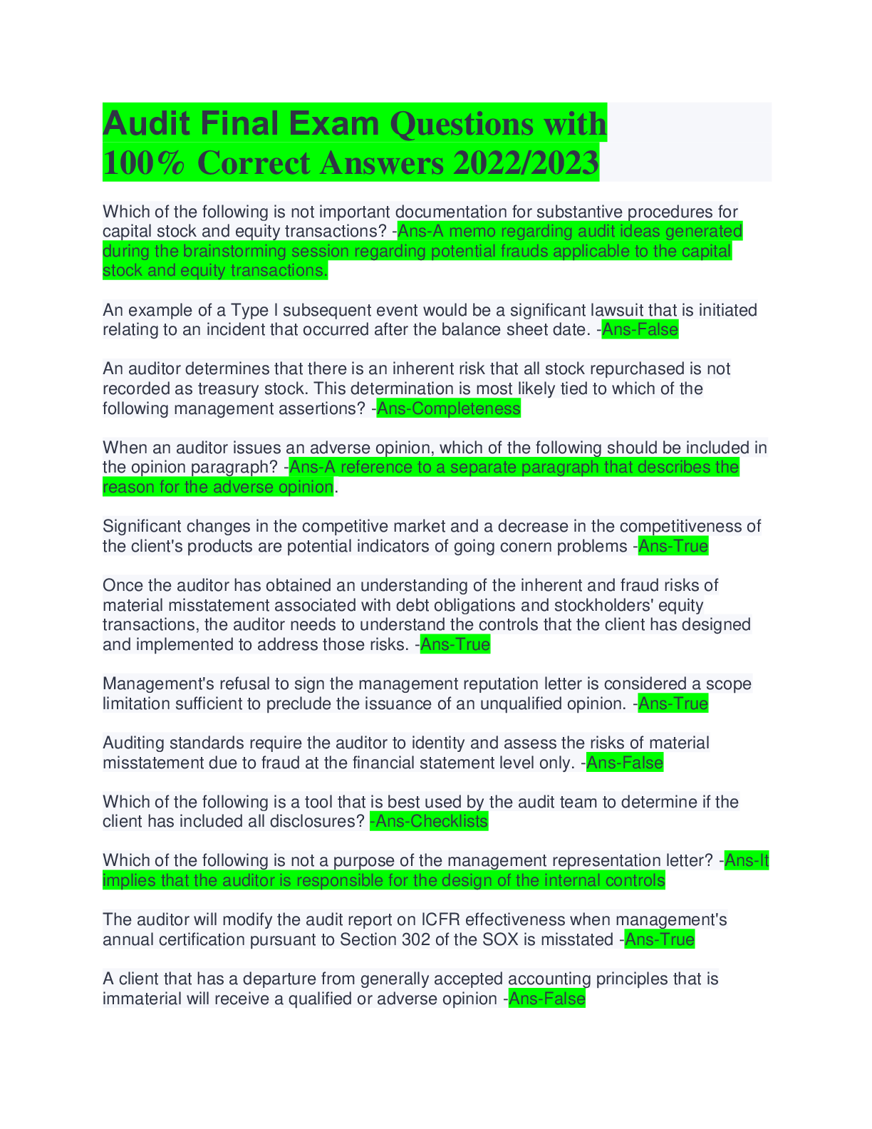 Audit Final Exam Questions with 100% Correct Answers 2022/2023 ...