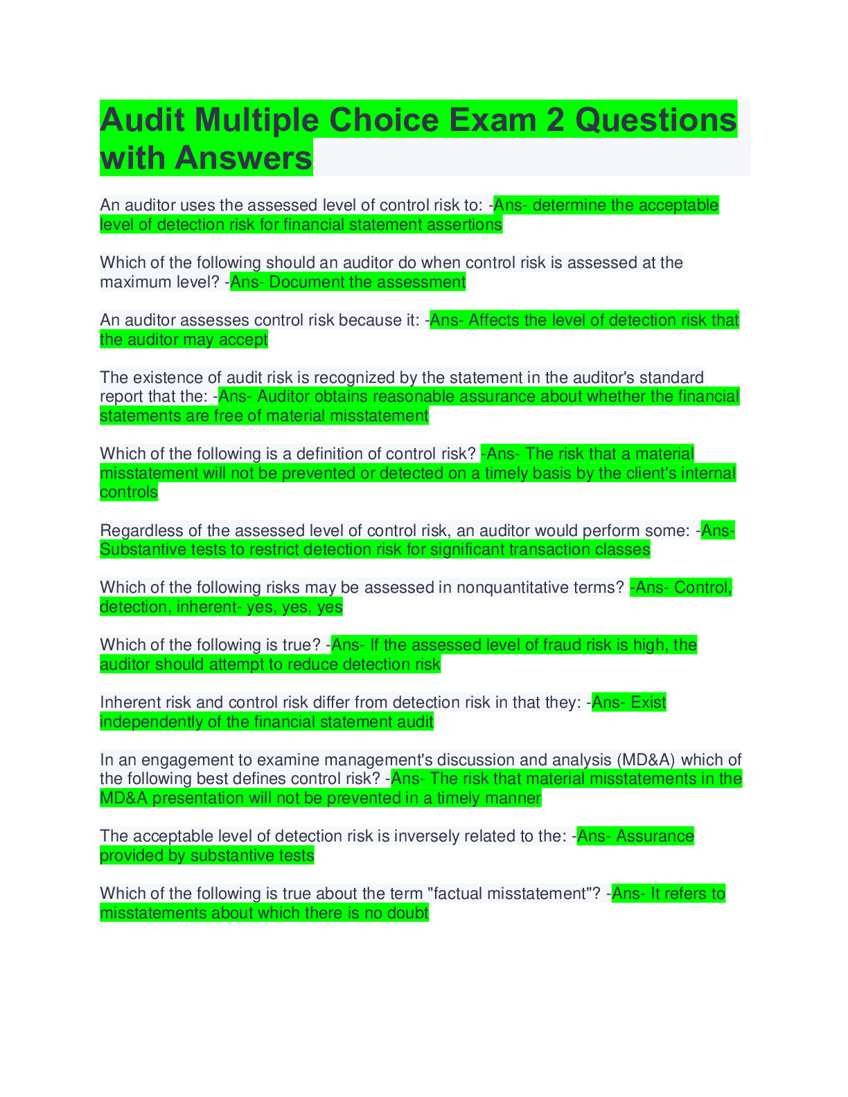 Audit Multiple Choice Exam 2 Questions with Answers - Scholarfriends