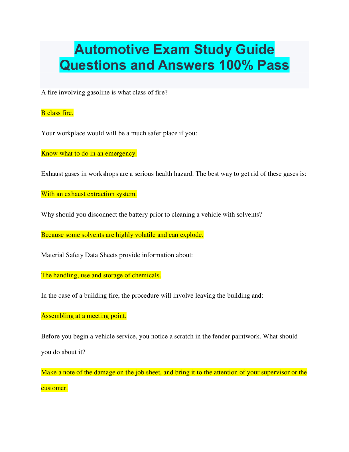 Automotive Exam Study Guide Questions and Answers 100% Pass ...