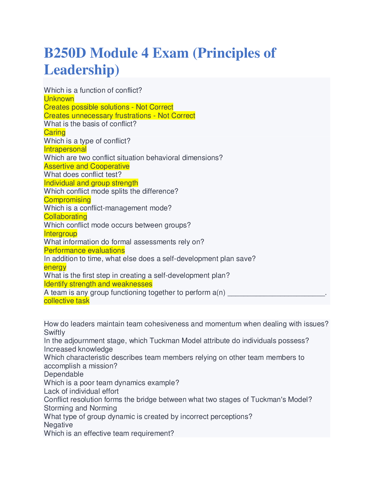 B250D Module 4 Exam (Principles of Leadership) with Verified Answers ...