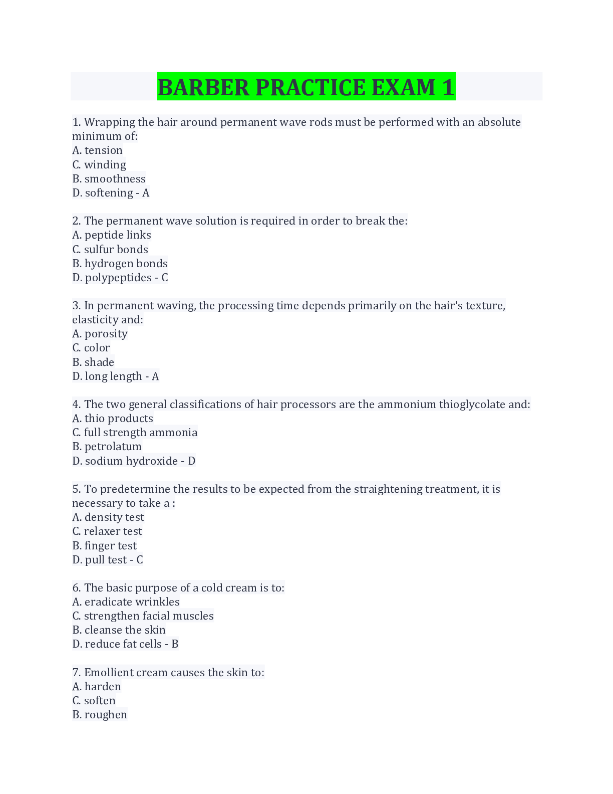 BARBER PRACTICE EXAM 1 QUESTIONS AND ANSWERS MULTIPLE CHOICE ...