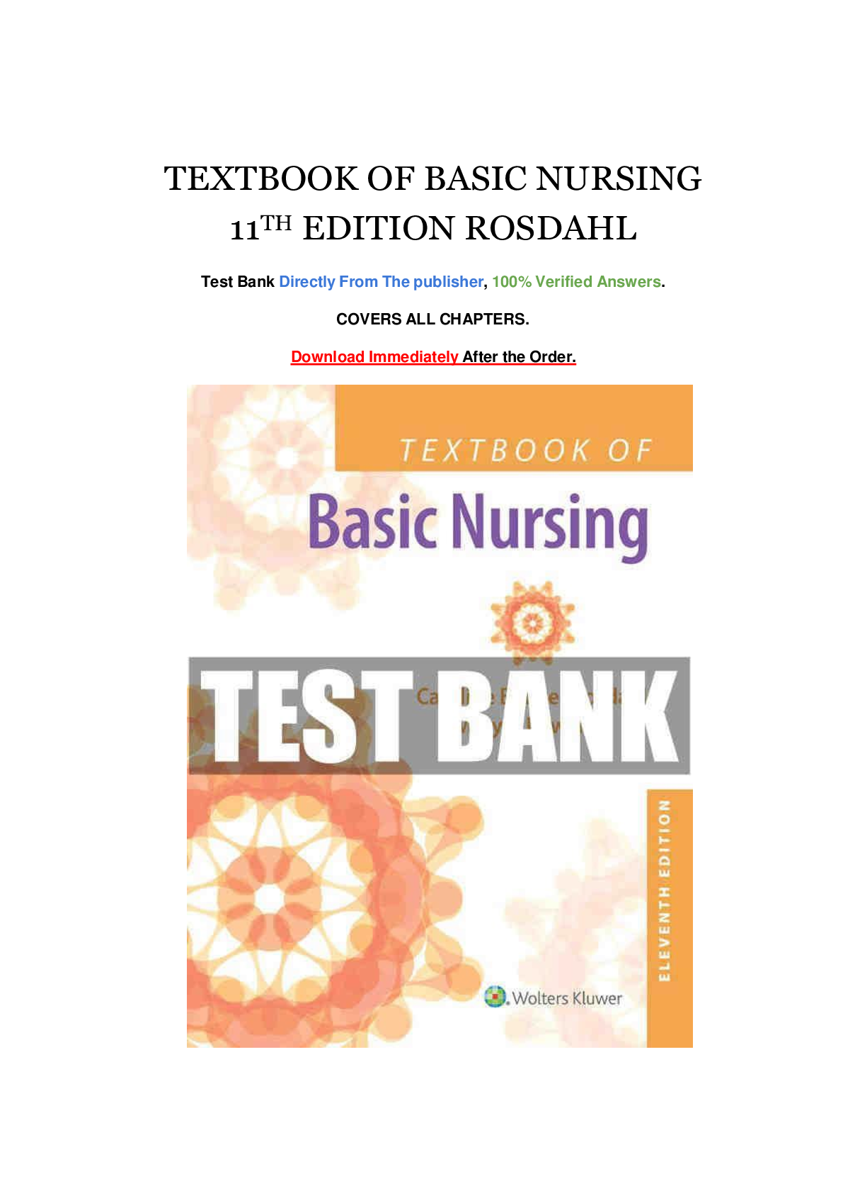 TESTBANK FOR TEXTBOOK OF BASIC NURSING 11TH EDITION ROSDAHL ...
