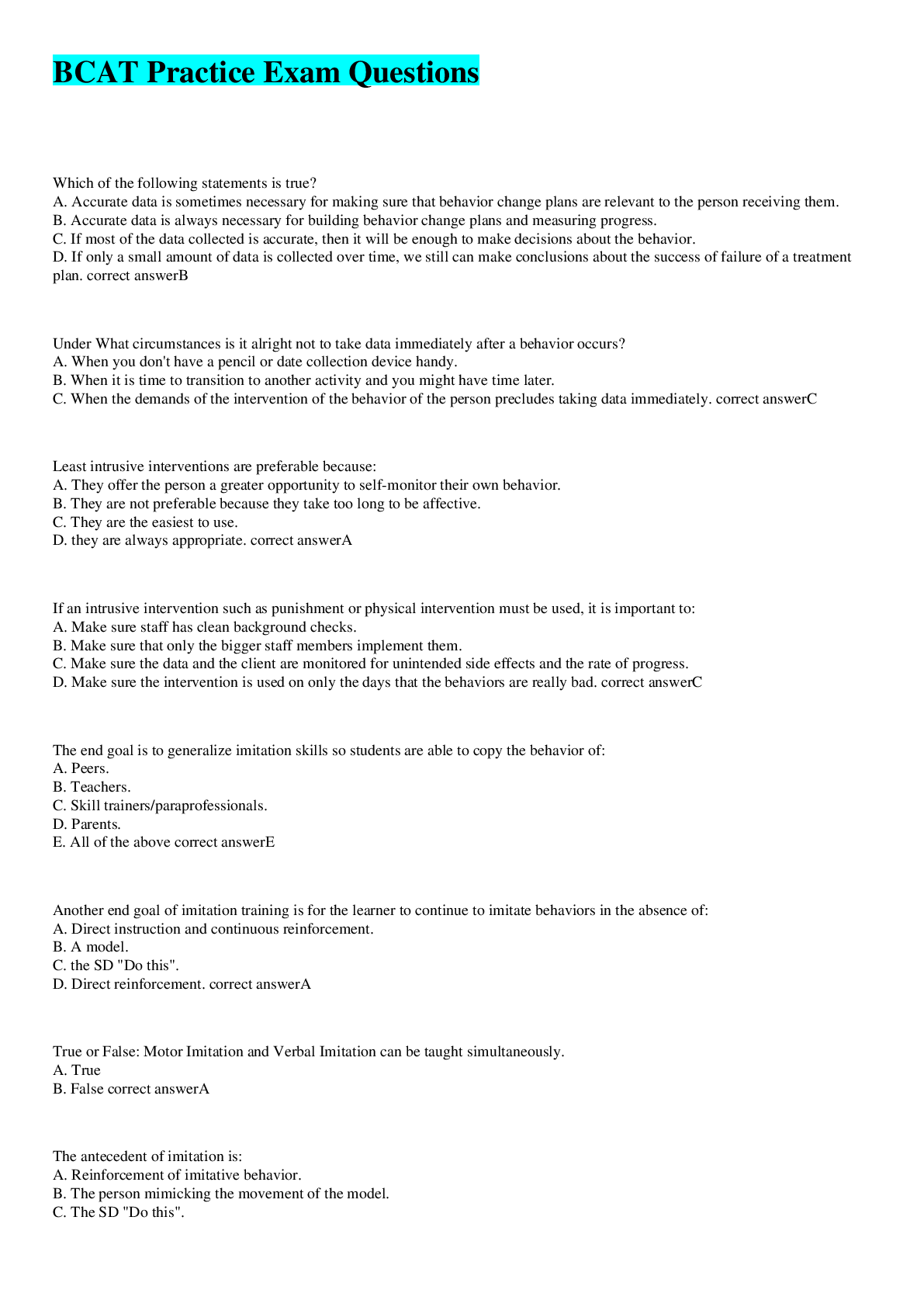 BCAT Practice Exam Questions and answers - Scholarfriends