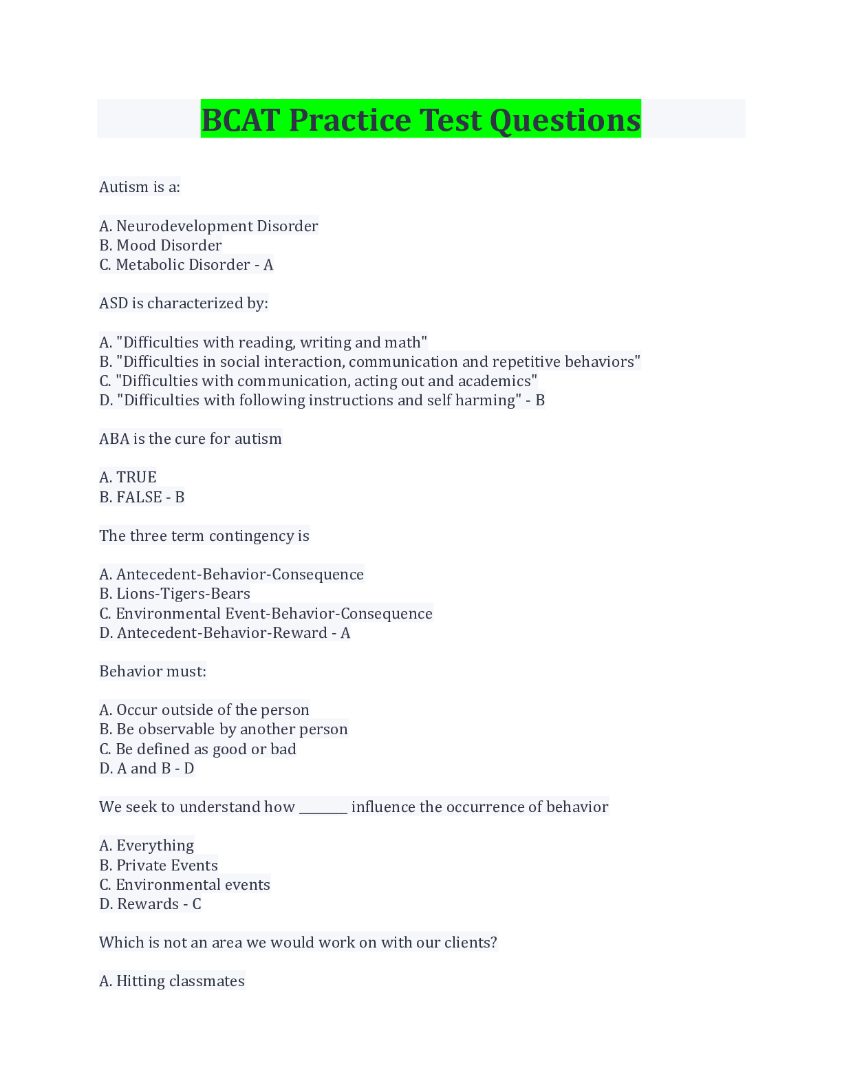 BCAT Practice Test Questions And Answers Multiple Choices With Complete ...