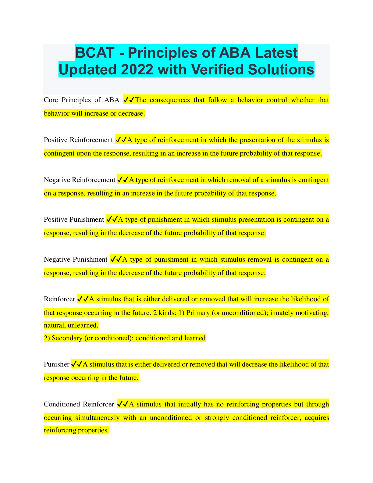 BCAT - Principles of ABA Latest Updated 2022 with Verified Solutions ...