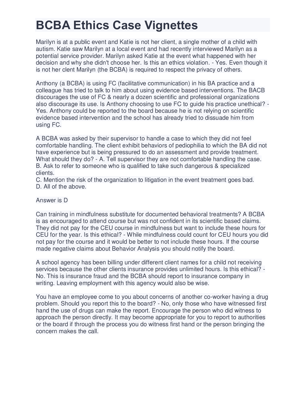 BCBA Ethics Case Vignettes| Questions With Complete Solutions ...
