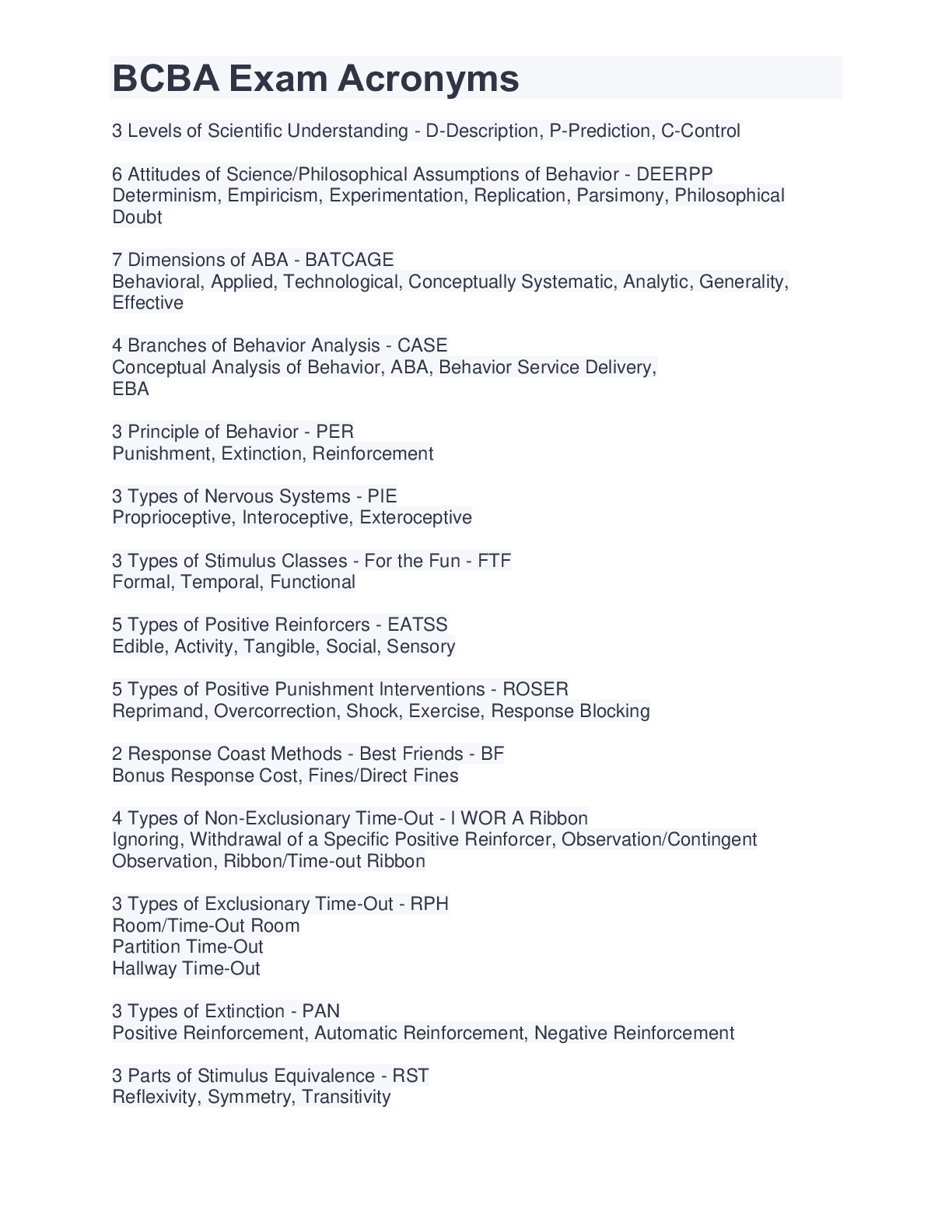 BCBA Exam Acronyms| WITH COMPLETE SOLUTIONS - Scholarfriends