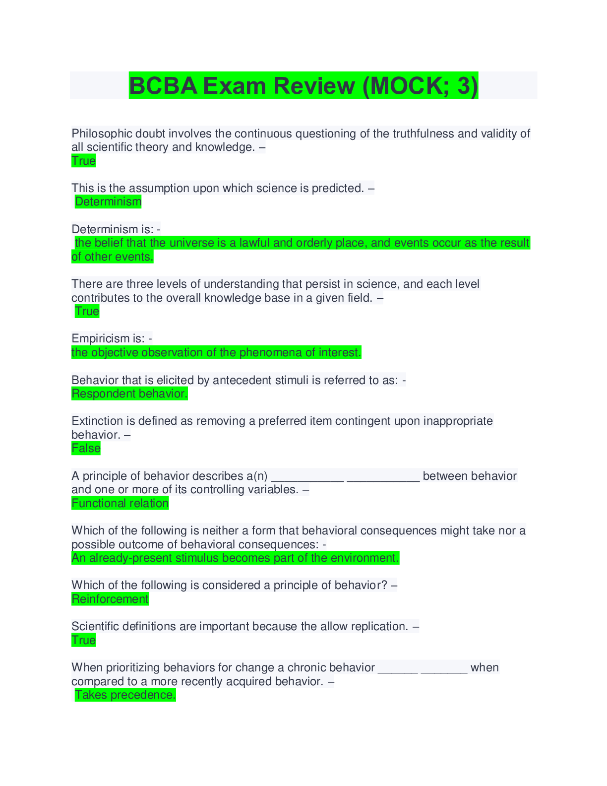 BCBA Exam Review (MOCK; 3) Questions And Answers | Complete top ...