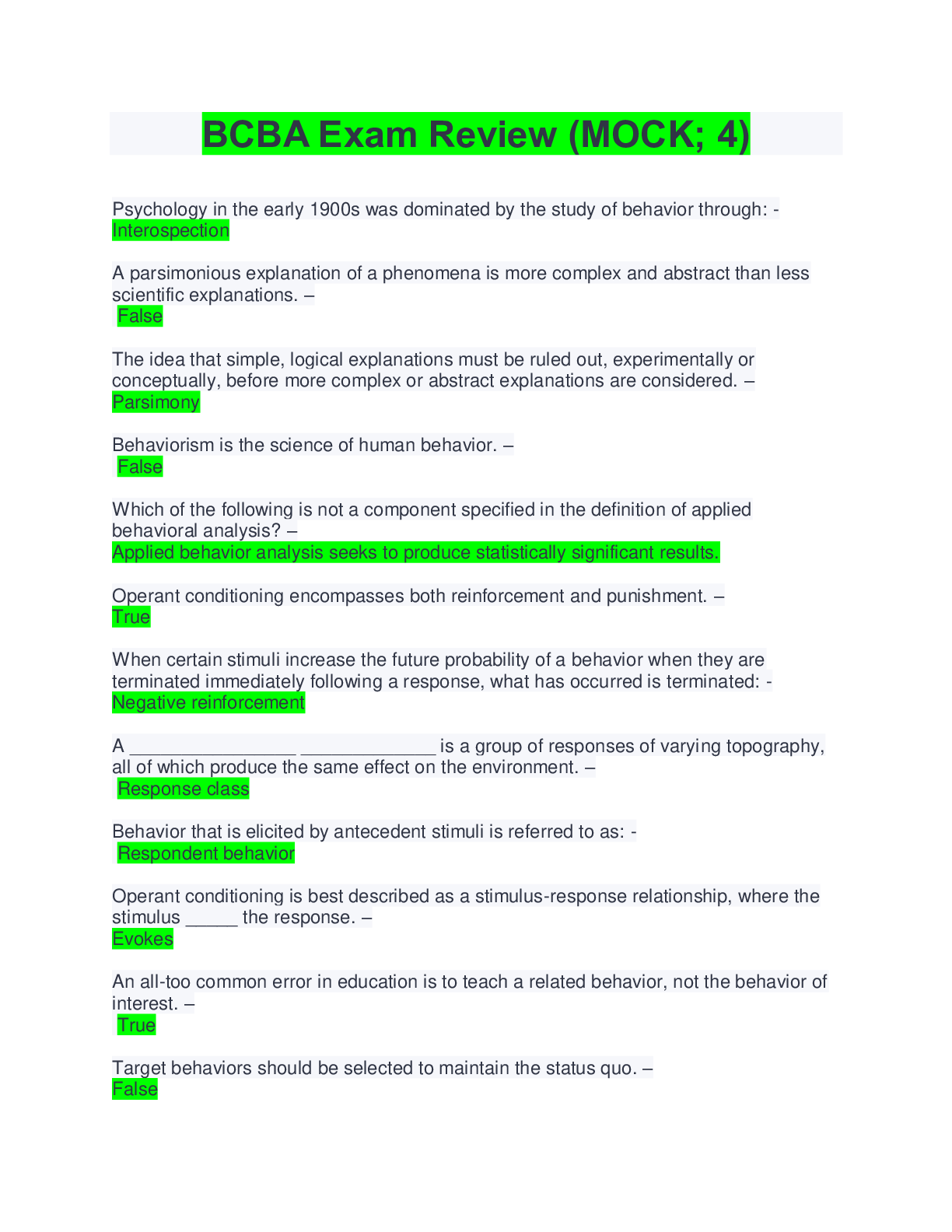 BCBA Exam Review (MOCK; 4) Questions And Answers 2021/2022( Complete ...