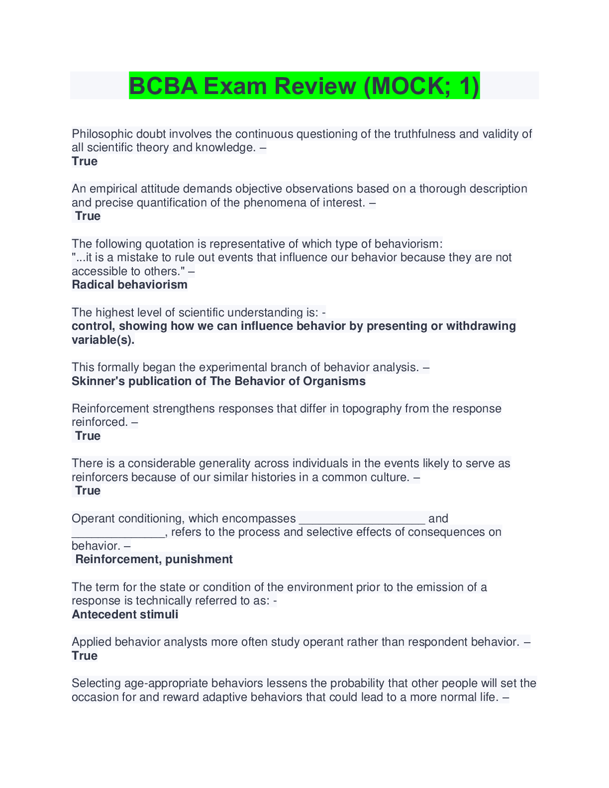 BCBA Exam Review (MOCK; 1) Questions And Answers 2021/2022( Complete ...