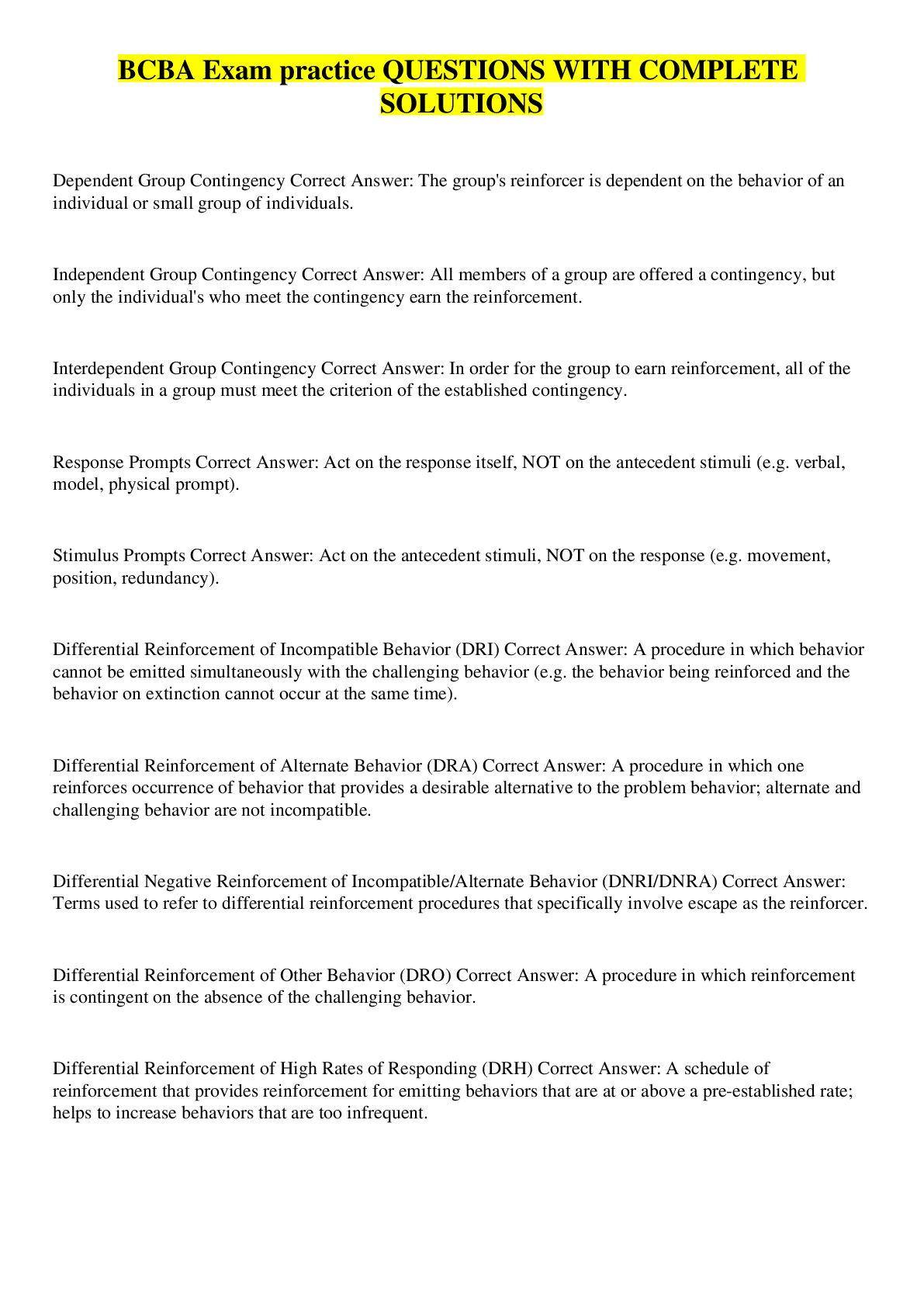 BCBA Exam practice QUESTIONS WITH COMPLETE SOLUTIONS - Scholarfriends