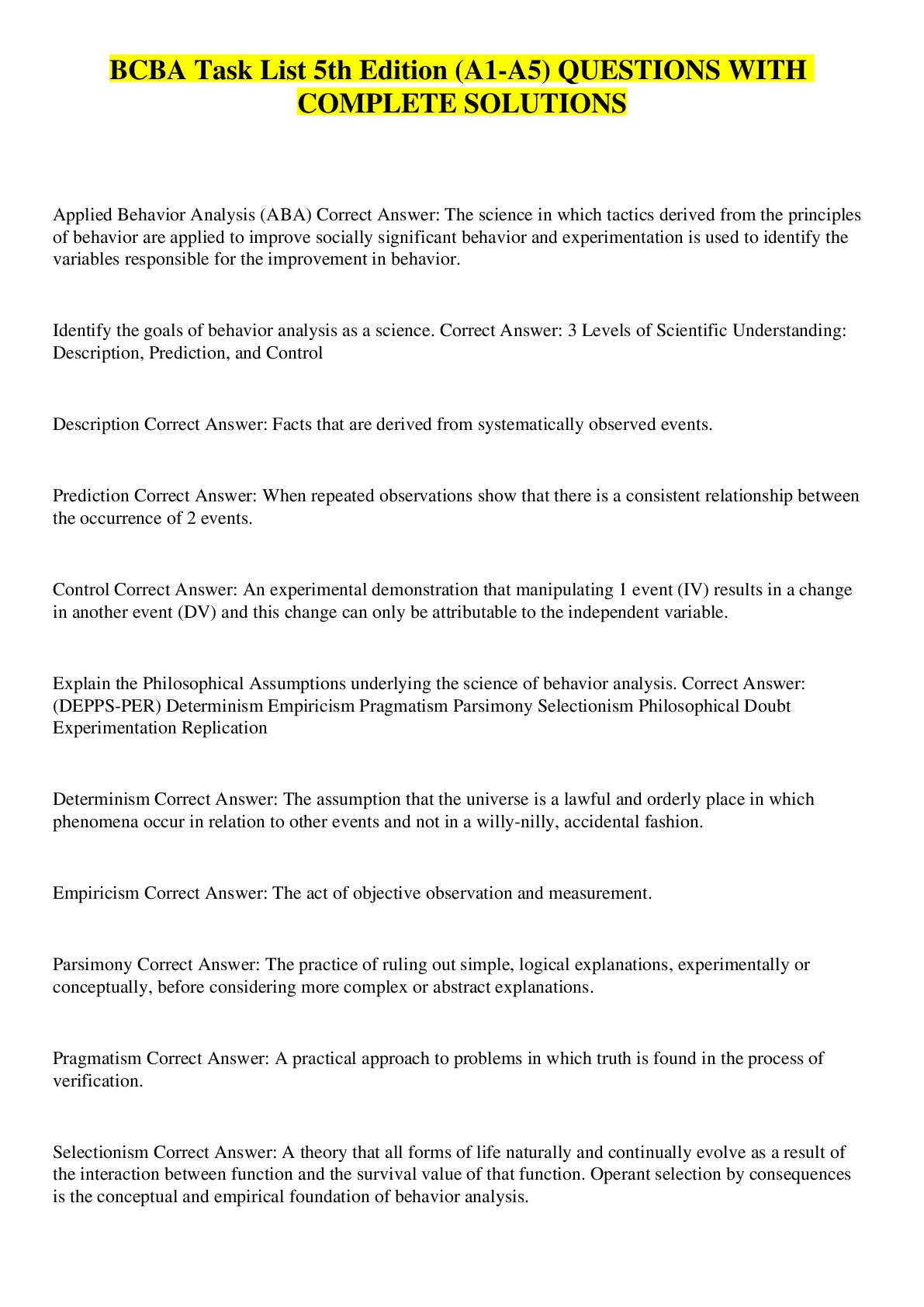 BCBA Task List 5th Edition (A1-A5) QUESTIONS WITH COMPLETE SOLUTIONS ...