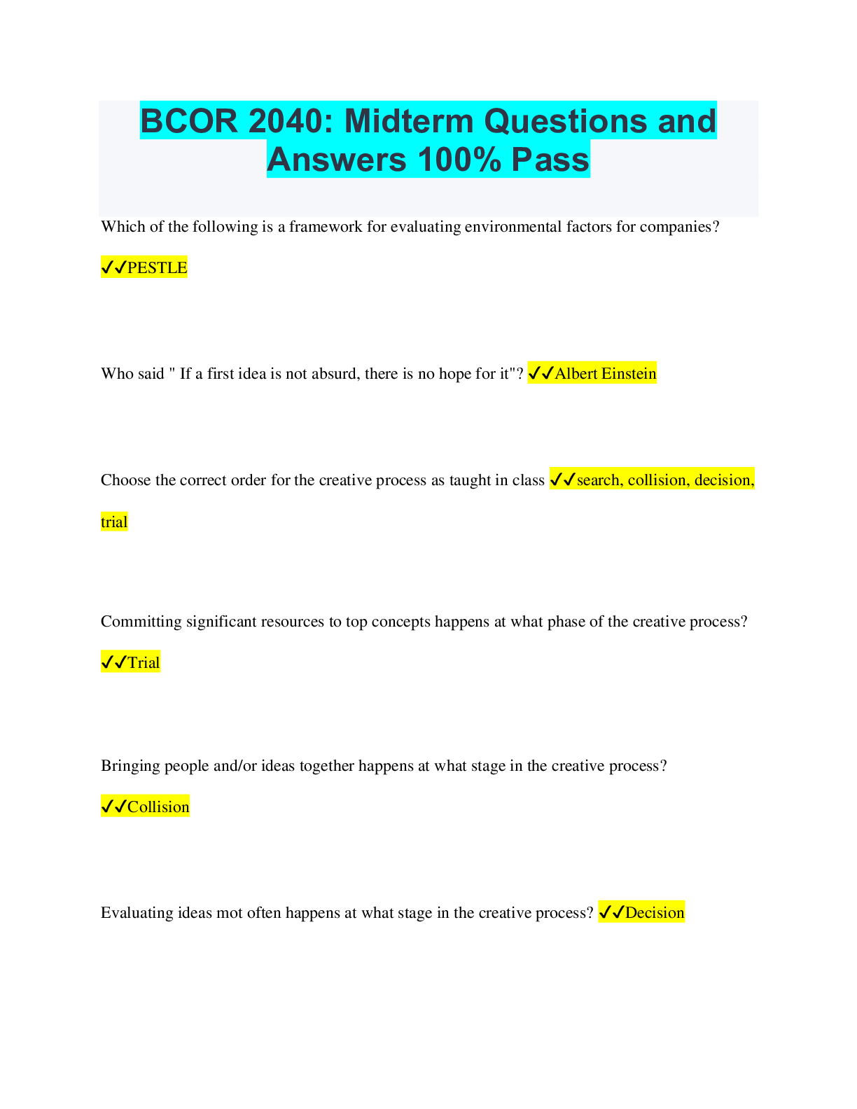 BCOR 2040: Midterm Questions and Answers 100% Pass - Scholarfriends