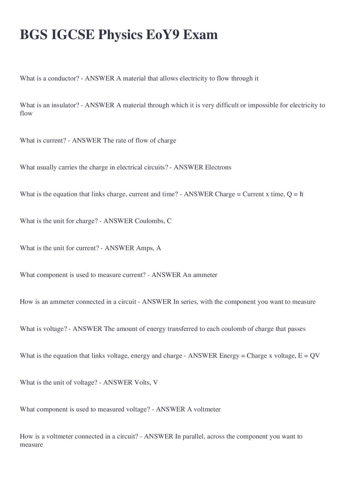 BGS IGCSE Physics EoY9 Exam Questions and Answers - Scholarfriends