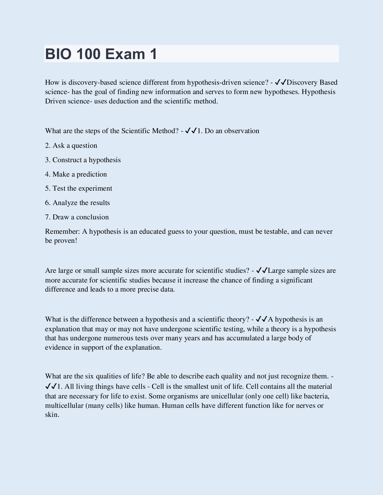Bundle for BIO 100 Tests | Updated & Verified | with Complete Solution ...