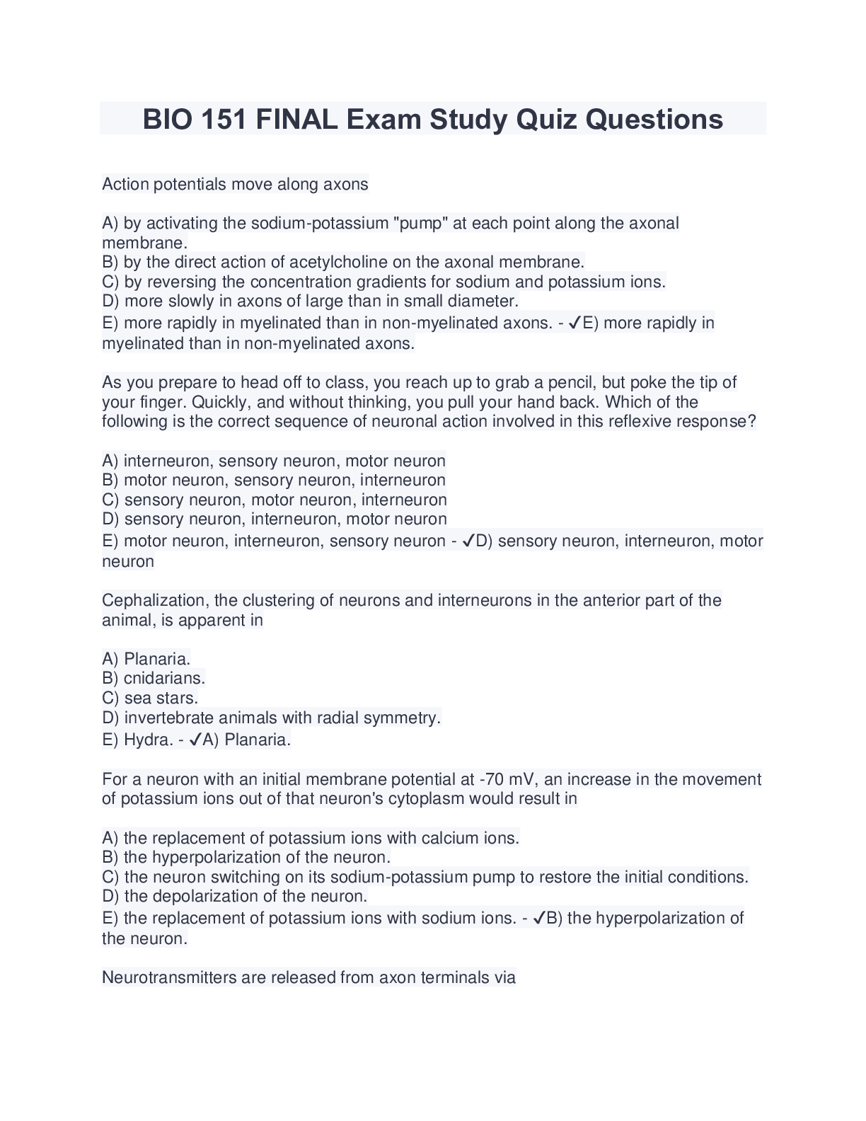 BIO 151 FINAL Exam Study Quiz Questions and Answers (Latest 2023/2024 ...