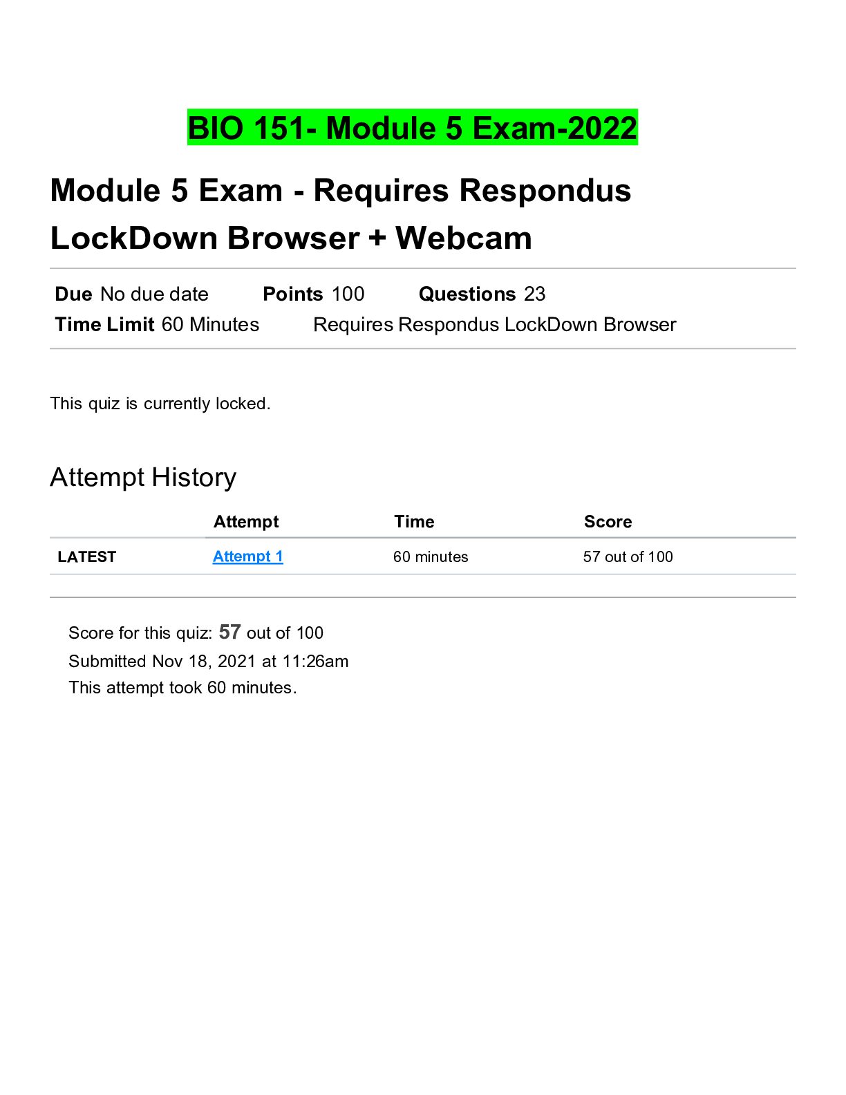 BIO 151- Module 5 Exam-2022 - Scholarfriends