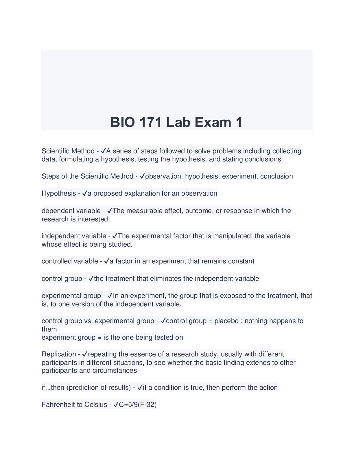 BIO 171 Lab Exam 1 (Latest 2023/2024) Complete Solutions ...