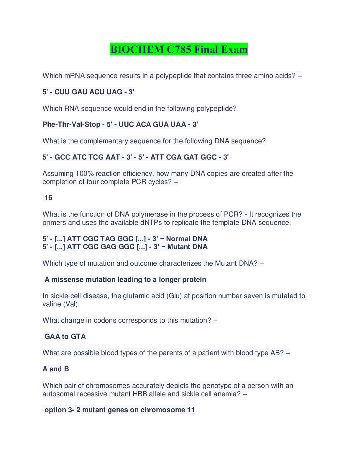 BIOCHEM C785 Final Exam, Complete Solutions - Scholarfriends