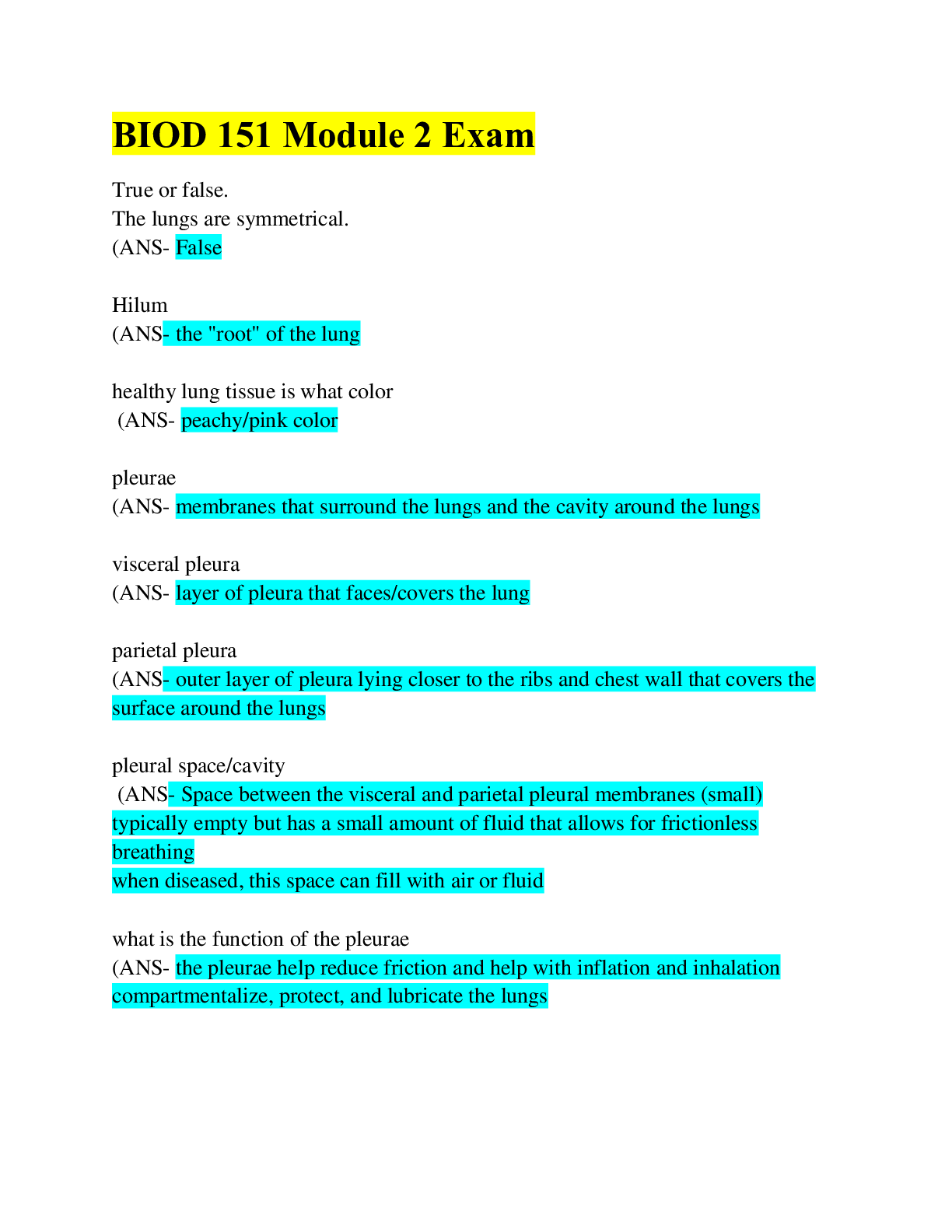 BIOD 151 Module 2 Exam/ Questions & Answers/A+ Guide - Scholarfriends