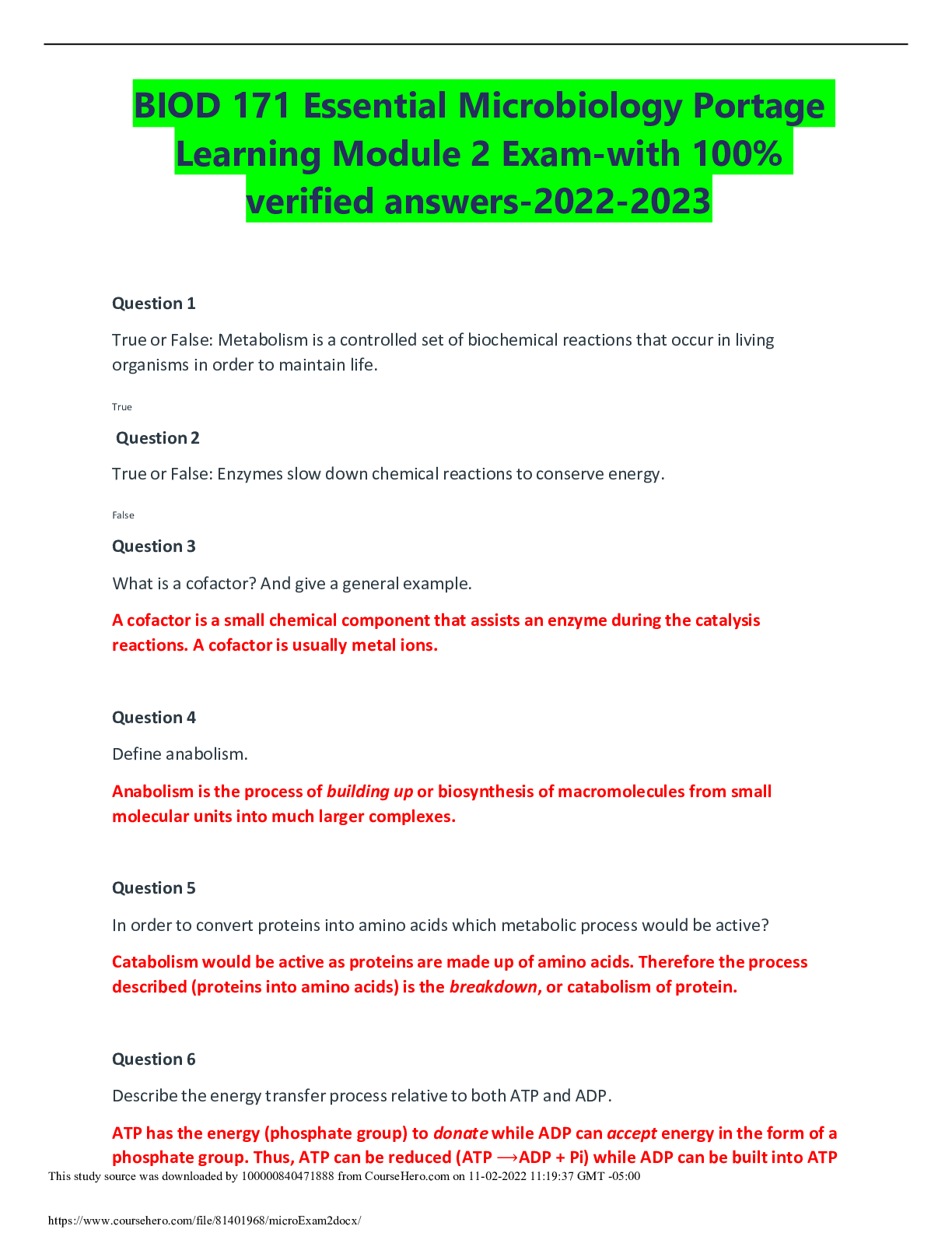 BIOD 171 Essential Microbiology Portage Learning Module 2 Exam-with 100 ...