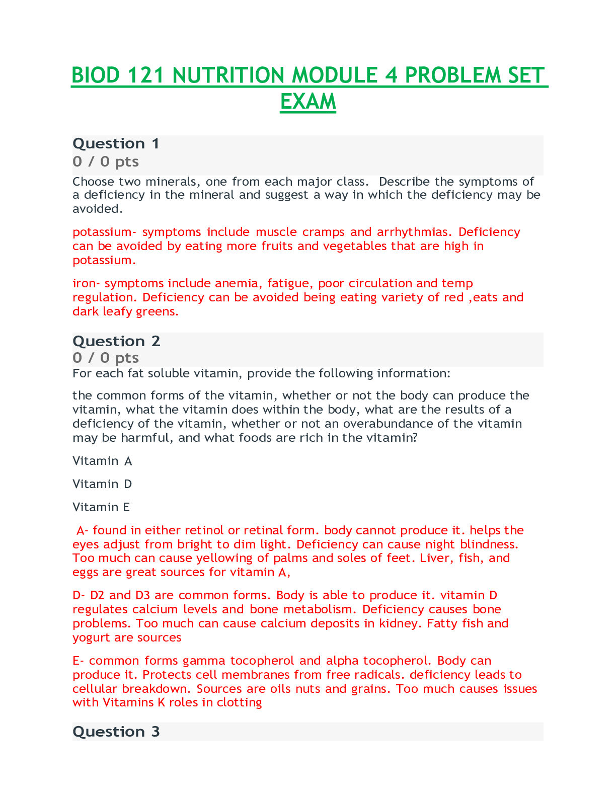 PORTAGE LEARNING BIOD 121 NUTRITION MODULE 4 PROBLEM SET EXAM ...