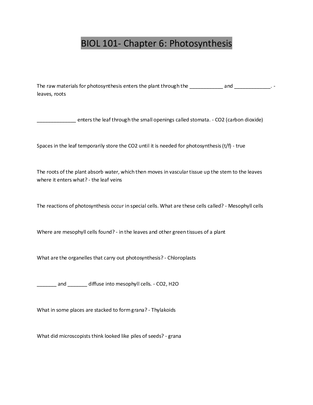 BIOL 101- Chapter 6: Photosynthesis - Scholarfriends