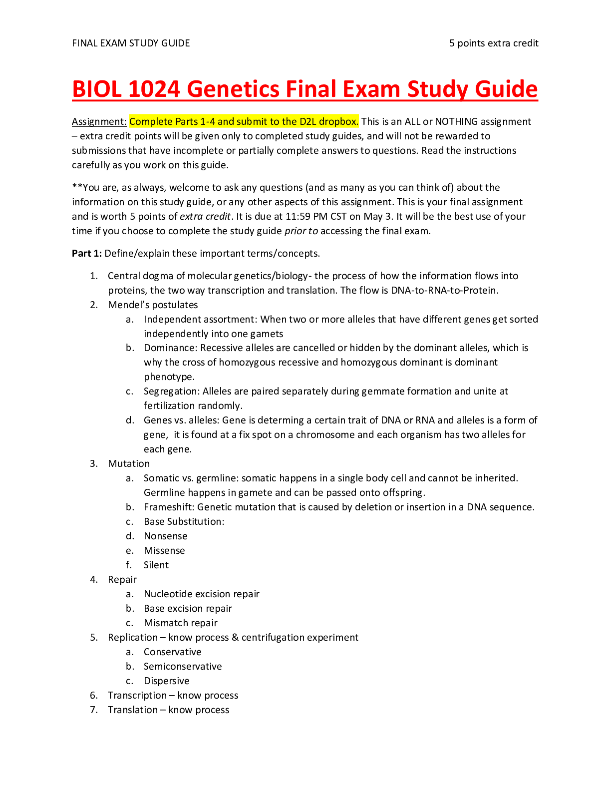 BIOL 1024 Genetics Final Exam Study Guide - Scholarfriends