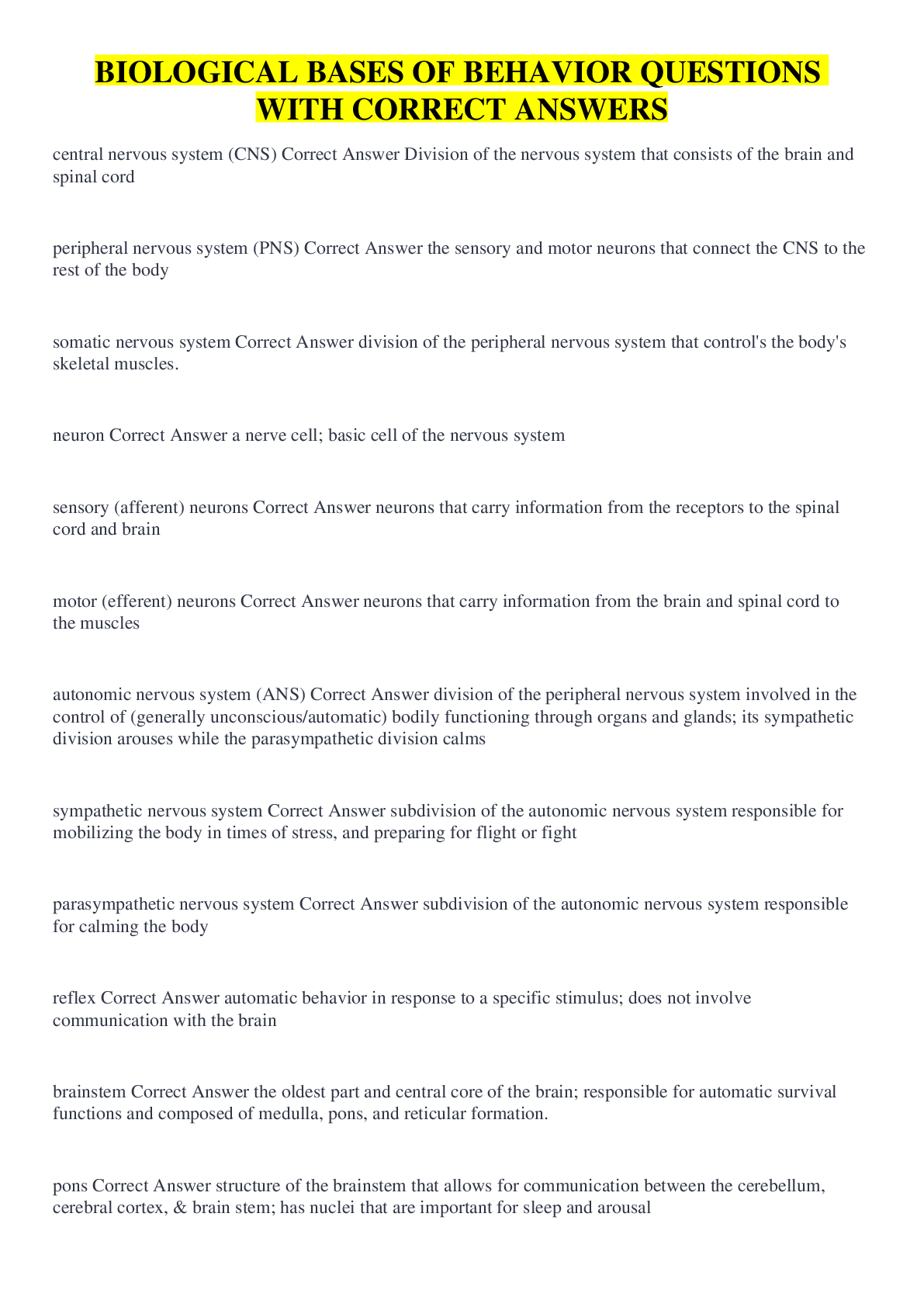 BIOLOGICAL BASES OF BEHAVIOR QUESTIONS WITH CORRECT ANSWERS ...