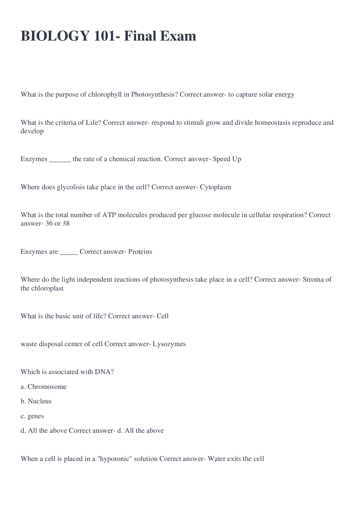 BIOLOGY 101- Final Exam Questions and Answers - Scholarfriends