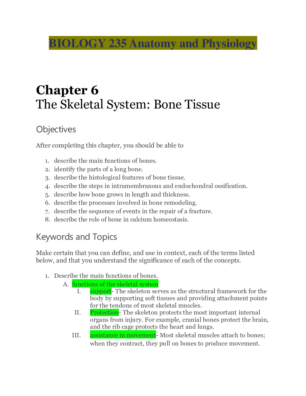 BIOLOGY 235 Anatomy and Physiology ,Chapter 6 The Skeletal System: Bone ...