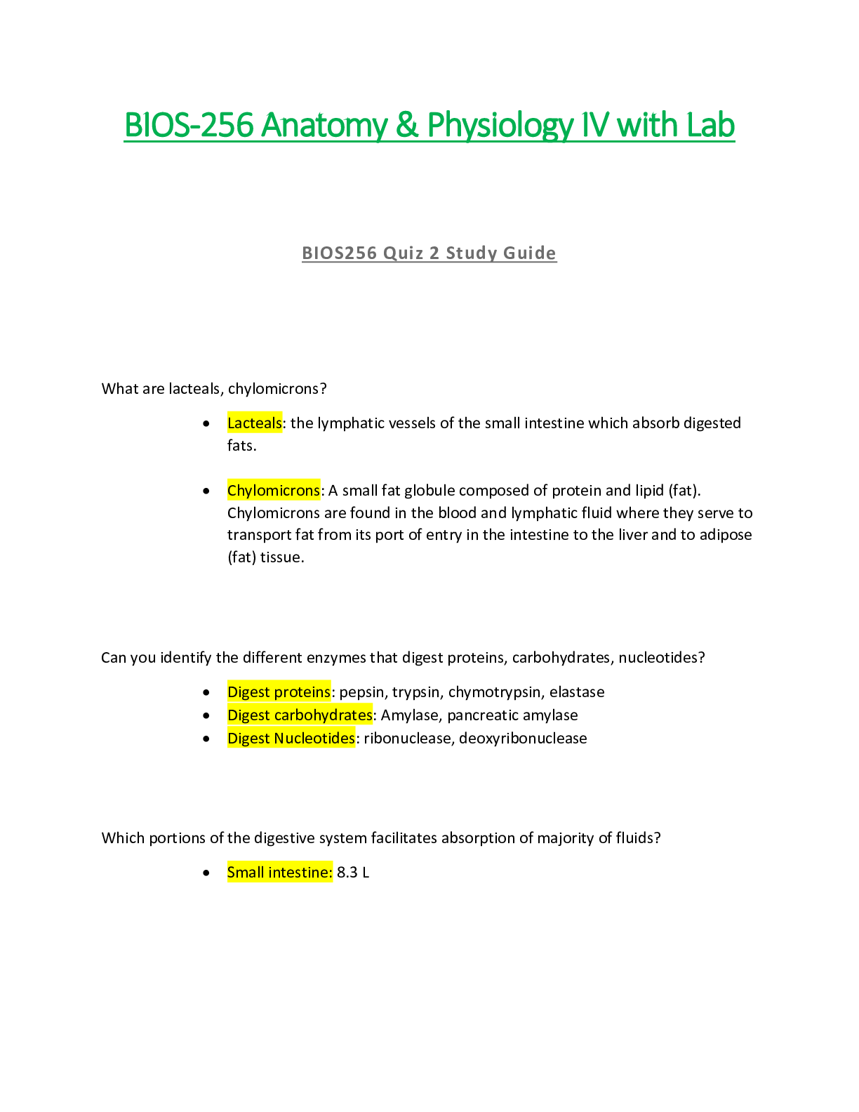 BIOS256 / BIOS 256 Quiz 2 Study Guide : Anatomy & Physiology IV with ...