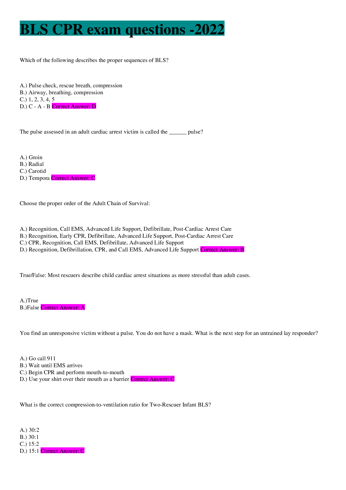 BLS CPR exam questions and answers latest 2022 - Scholarfriends